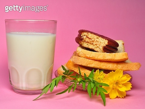 Dry rusk bread choco pie chocolate and a glass of milk isolated on pink ...