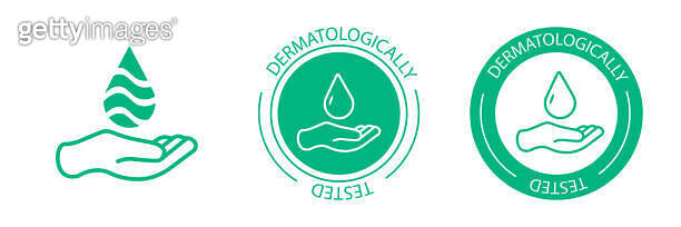 Dermatologically tested vector label with water drop, leaf and hand ...