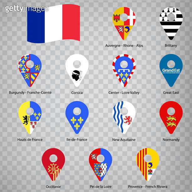 Thirteen flags the Regions of France - alphabetical order with name ...