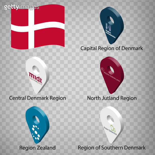 Five flags the Regions of Denmark - alphabetical order with name. Set ...