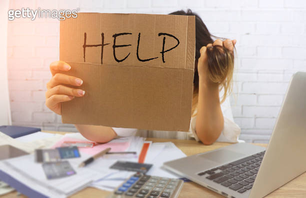 Concerned asian woman which accounting debt bills bank papers expenses ...