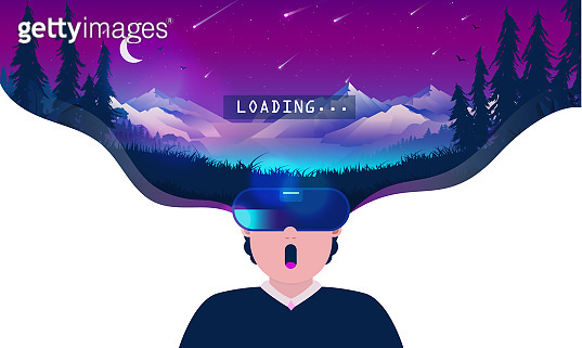 Virtual reality escape - Man with VR glasses watching a loading screen ...
