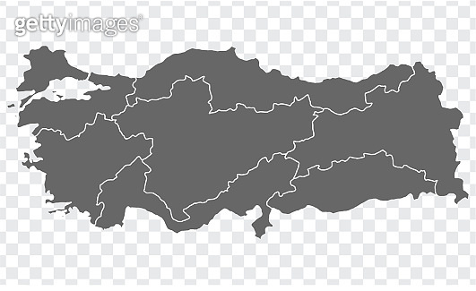 Blank map of Turkey. Regions of Turkey map. High detailed gray vector ...