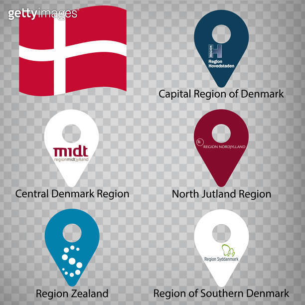 Five flags the Regions of Denmark - alphabetical order with name. Set ...