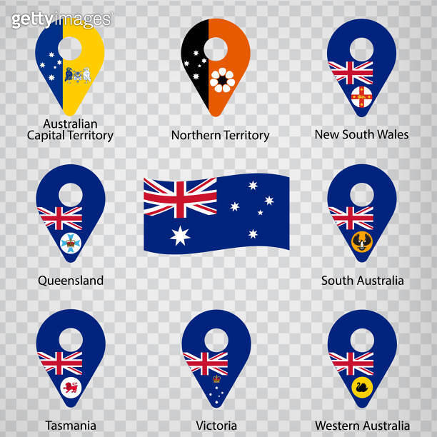 Eight flags the States of Australia - alphabetical order with name. Set ...