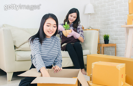 Beautiful young asian and friend happy holding tree from boxes smiling ...