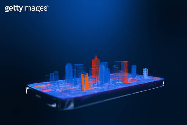 Smart city concept, Blue orange city isometric view wireframe city ...