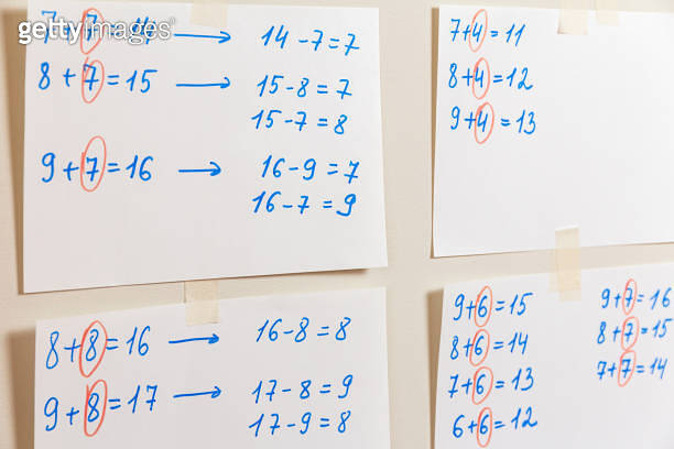 sheets of paper with math examples on the wall 이미지 (1220547426) - 게티이미지뱅크