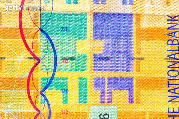 Detail of 10 CHF banknote with plastic security strip inside banknote ...