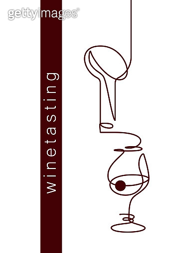 A single contour drawing with a wine glass and a bottle. Continuous ...
