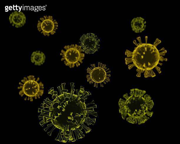 green and yellow corona covid viruses floats cgi render 3d black ...