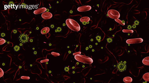 red blood cells and corona covid virus floats in the vein cgi 3d render ...