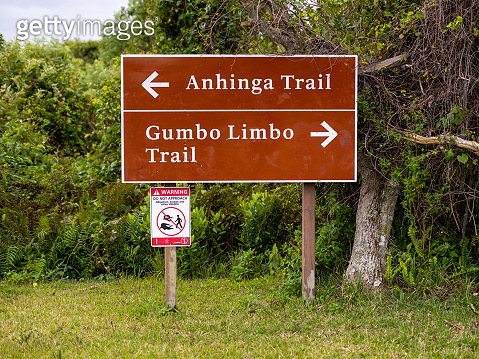 Anahinga and Gumbo Limbo Trail Directional Sign (1254620828) - 게티이미지뱅크