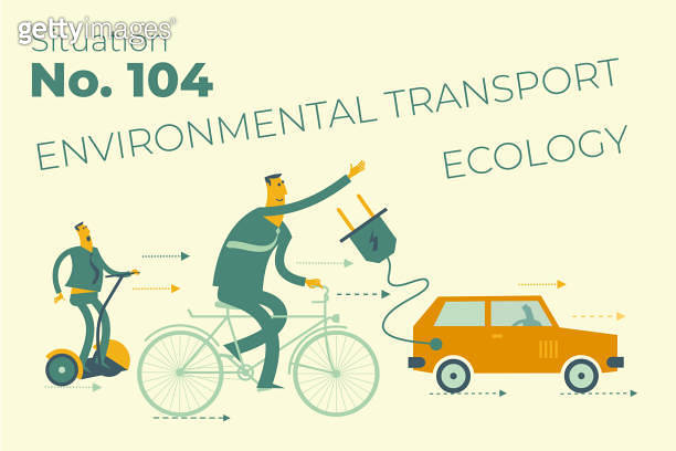 Ecological illustration. ECO friendly transport. People go by electric ...