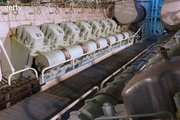 The engine compartment of the ship. Engine and steering equipmen 이미지 ...