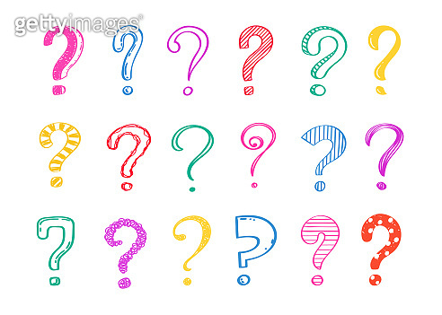 Set of hand drawn question marks, doodle colorful questions on a white ...
