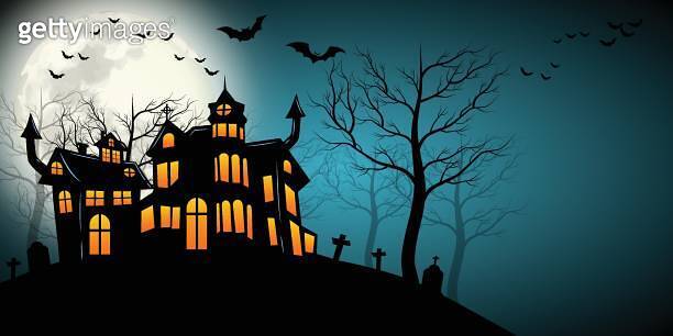 Castle, haunted house and ghost hands, tomb on full moon night ...