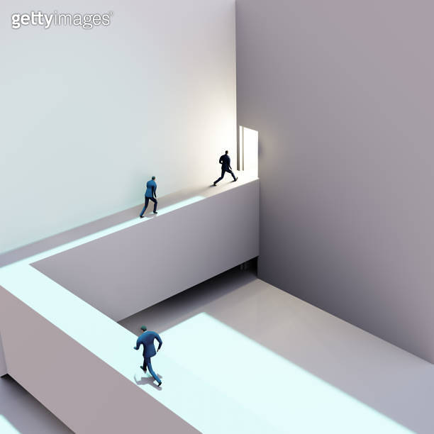 3D render illustration, Business people running on stairs towards ...