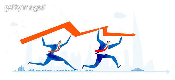 Successful business people, team running with red arrow as symbol of ...