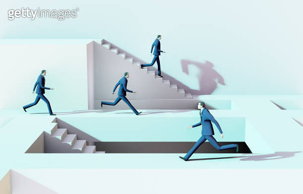 3D render illustration, Business people running on stairs towards ...