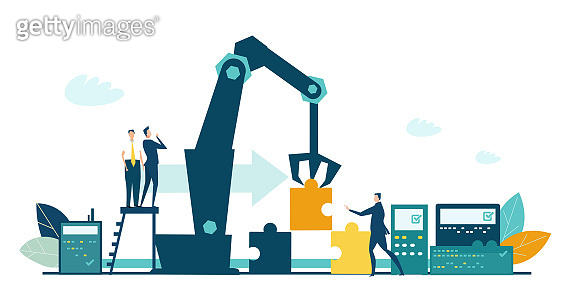Factory with business people and workers and conveyor belt line with ...