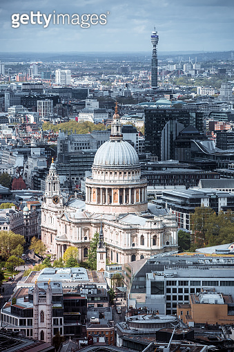 City of London West side view with lots of office buildings, St. Paul's ...