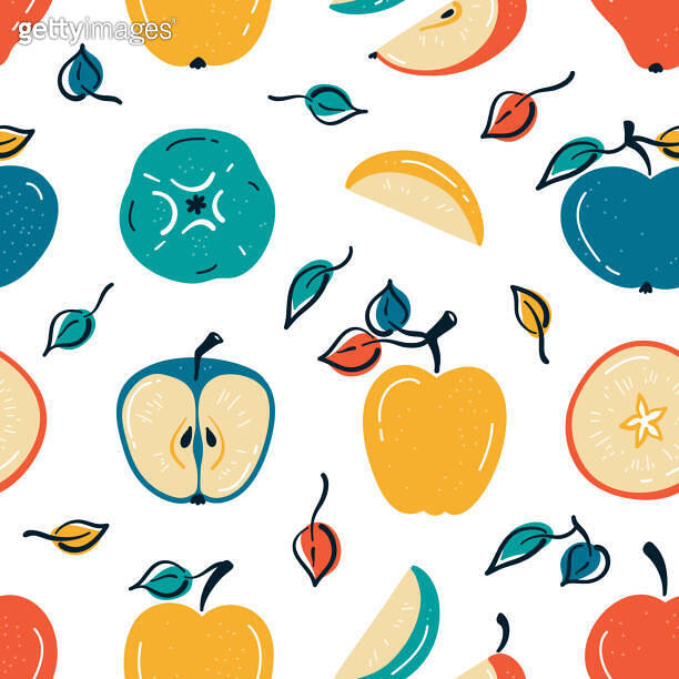Colorful Apple Fruit Background. Seamless Pattern with Hand Drawn ...