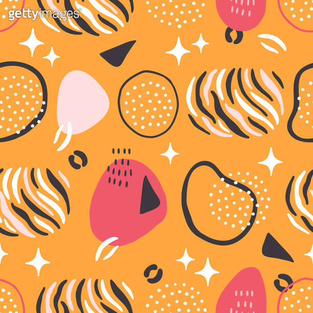 Abstract seamless pattern with tiger print, stars, triangles, circles ...