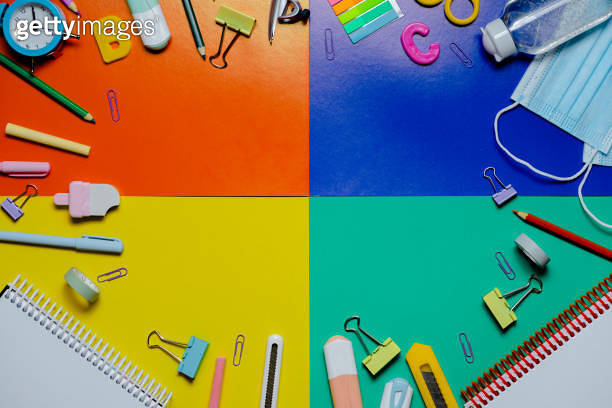 Back to school colorful flatlay. concept. Top horizontal view copyspace ...