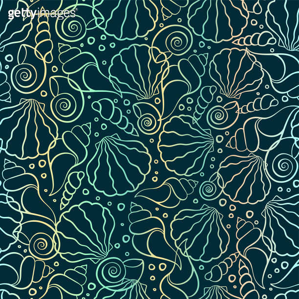 Fresh colorful seamless pattern with various shells, clams and snails ...