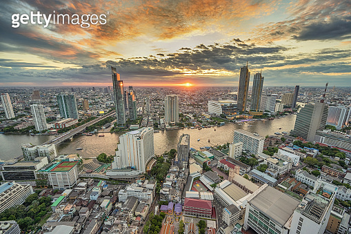 Bangkok Thailand, sunset city skyline at Chao Phraya River and Icon ...