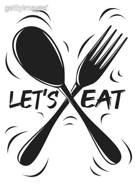 Vector image of a spoon and fork with the inscription Let's eat. Poster in vintage retro style ...