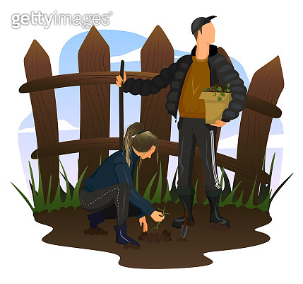 Man and woman seed a plant. Gardening. Summer holidays. Man digging ...