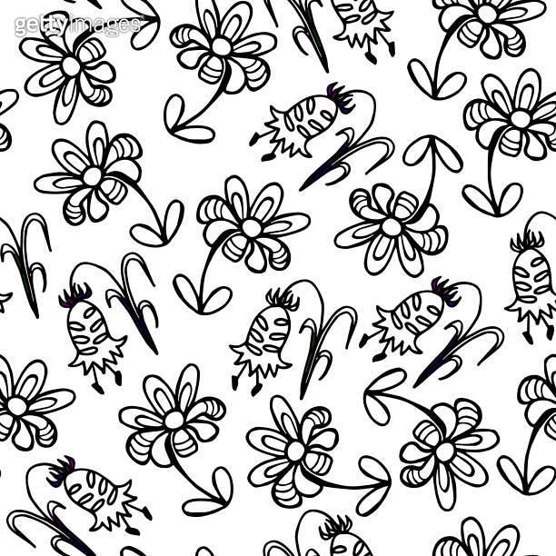 Vector seamless floral outline pattern in doodle style, black contour ...