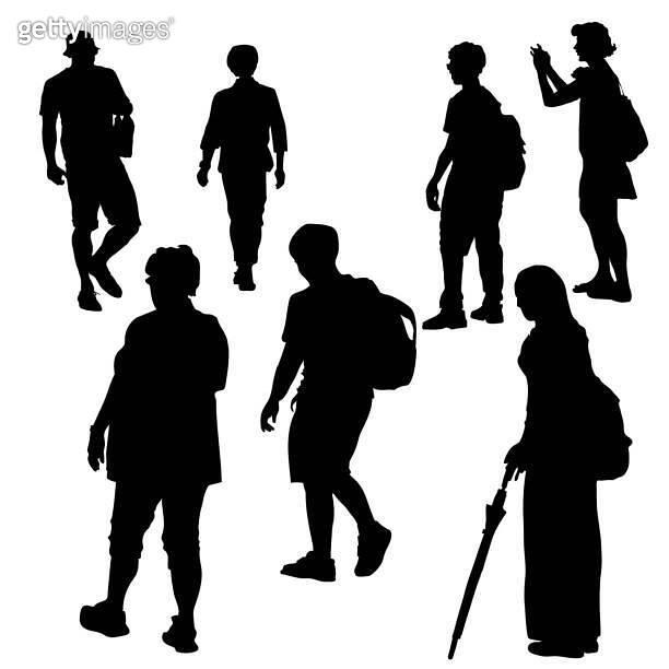 Vector silhouettes of a group of passers-by people isolated on a white ...