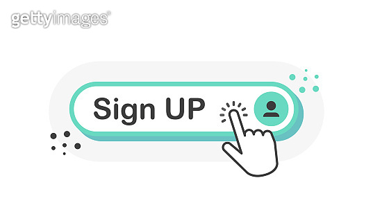 SIGN UP green 3D button with mouse pointer clicking. White background ...