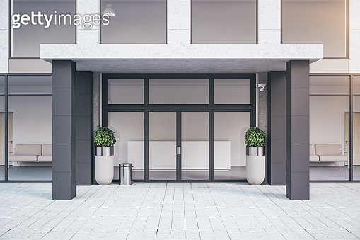 Front view of entrance of modern office building 이미지 (1256850533) - 게티이미지뱅크