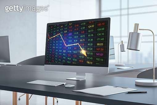 Computer in coworking with economic crisis stock charts on screen. 이미지 ...