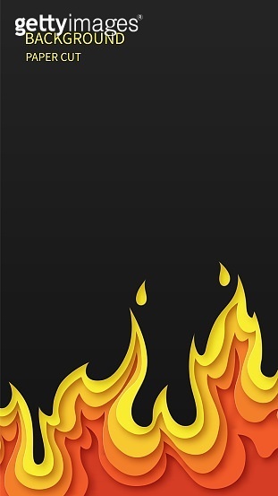 Black poster with fire. Layered design in paper style. Place for text ...