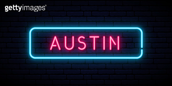 Austin neon sign. Bright light signboard. Vector banner. 이미지 ...