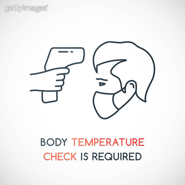 Fever check vector line illustration. Body temperature check required ...