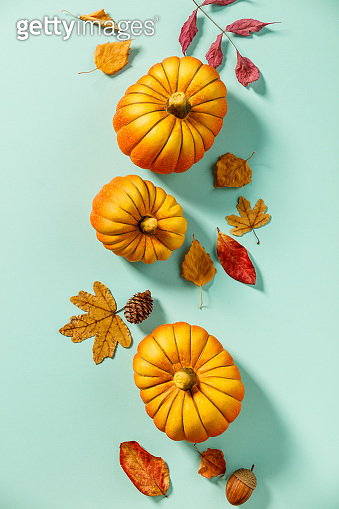 Autumn background creative layout with decorative small pumpkins and ...