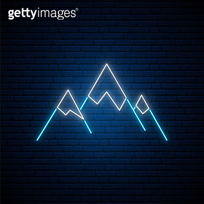 Neon mountains sign. Neon emblem of a winter resort. Glowing mountains ...
