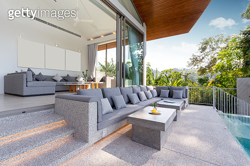Interior and exterior design of pool villa, house and home feature sofa ...