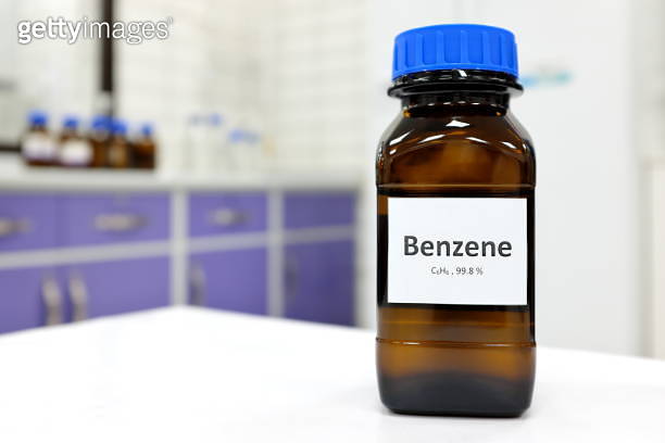 Selective focus of benzene liquid chemical compound solvent in dark ...