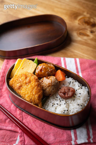 japanese style bento in wooden box with meat ball and croquette 이미지 ...