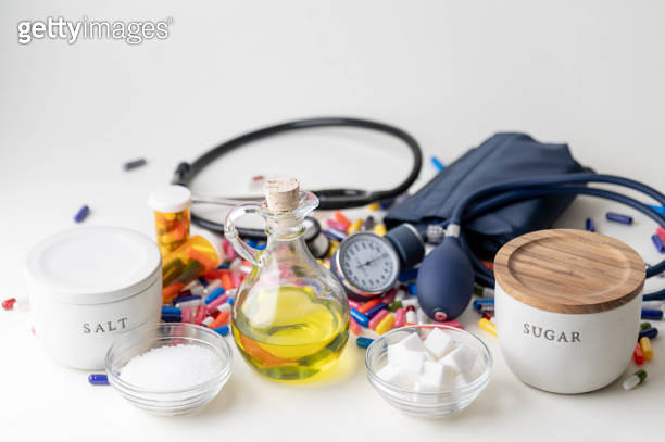 salt, sugar, oil, high pblood pressure image 이미지 (1253959781) - 게티이미지뱅크