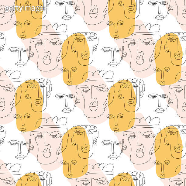 One line drawing abstract face seamless pattern. Modern minimalism art ...
