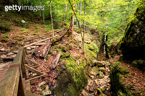 Trench in the rock, made by raftsmen centuries ago, deep in the ...