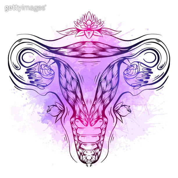 Contour anatomical sketch of the uterus with flower and neon watercolor ...